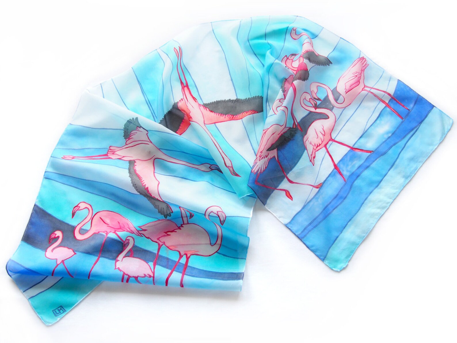 Flamingo Scarf Pink Birds Hand Painted on Pure Silk Scarves in Blue ...