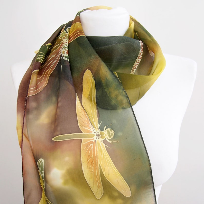 Dragonfly Scarf Hand Painted Silk Scarf Neck Scarf Green | Etsy