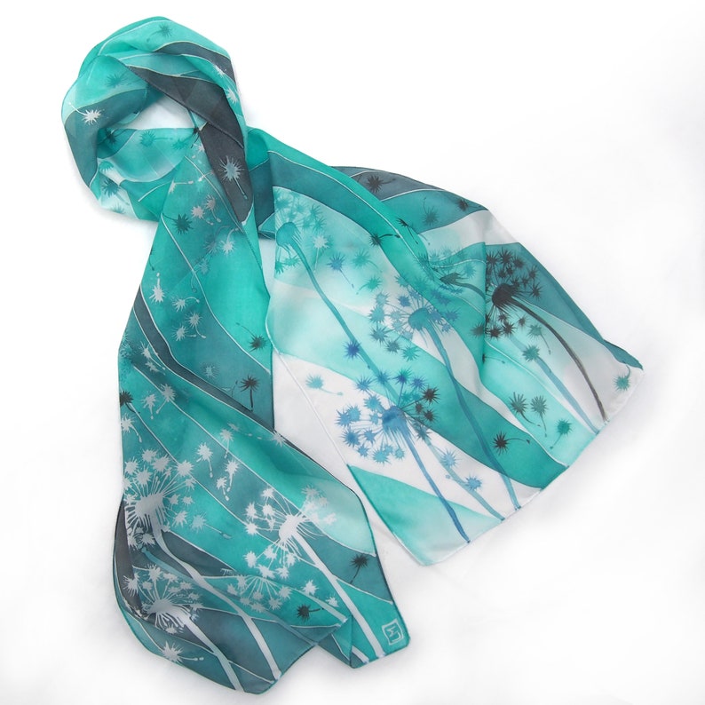 Turquoise Silk Scarf With Dandelions Hand Painted Scarves | Etsy
