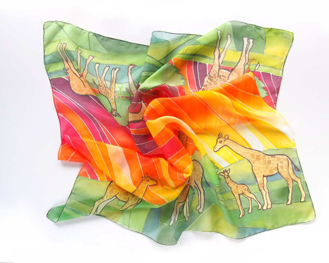 Giraffe Silk Scarf, Big Square Scarves With Africa Animals, Hand ...