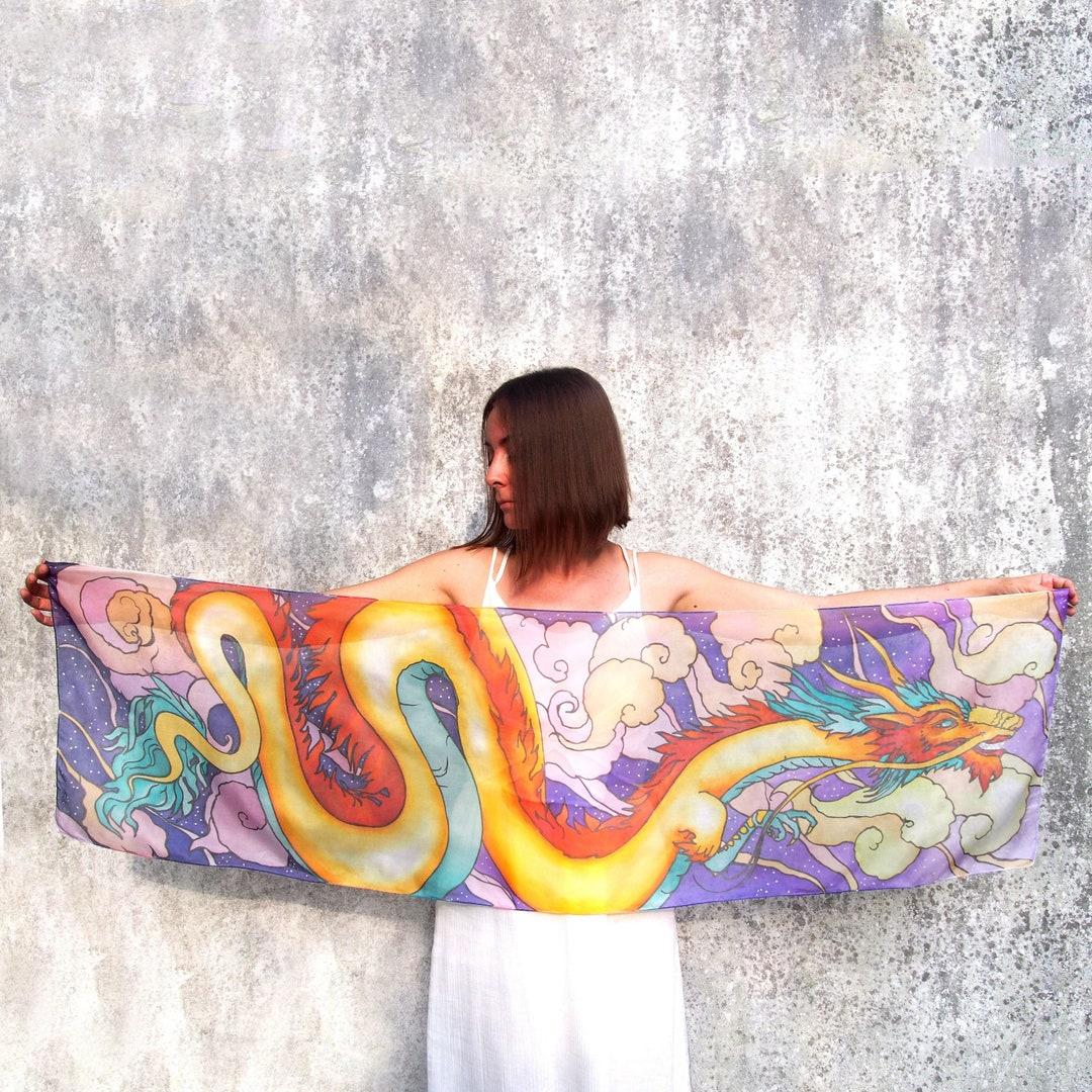Dragon Silk Scarf, Hand Painted Long Scarves With Dragon, Silk Wrap ...