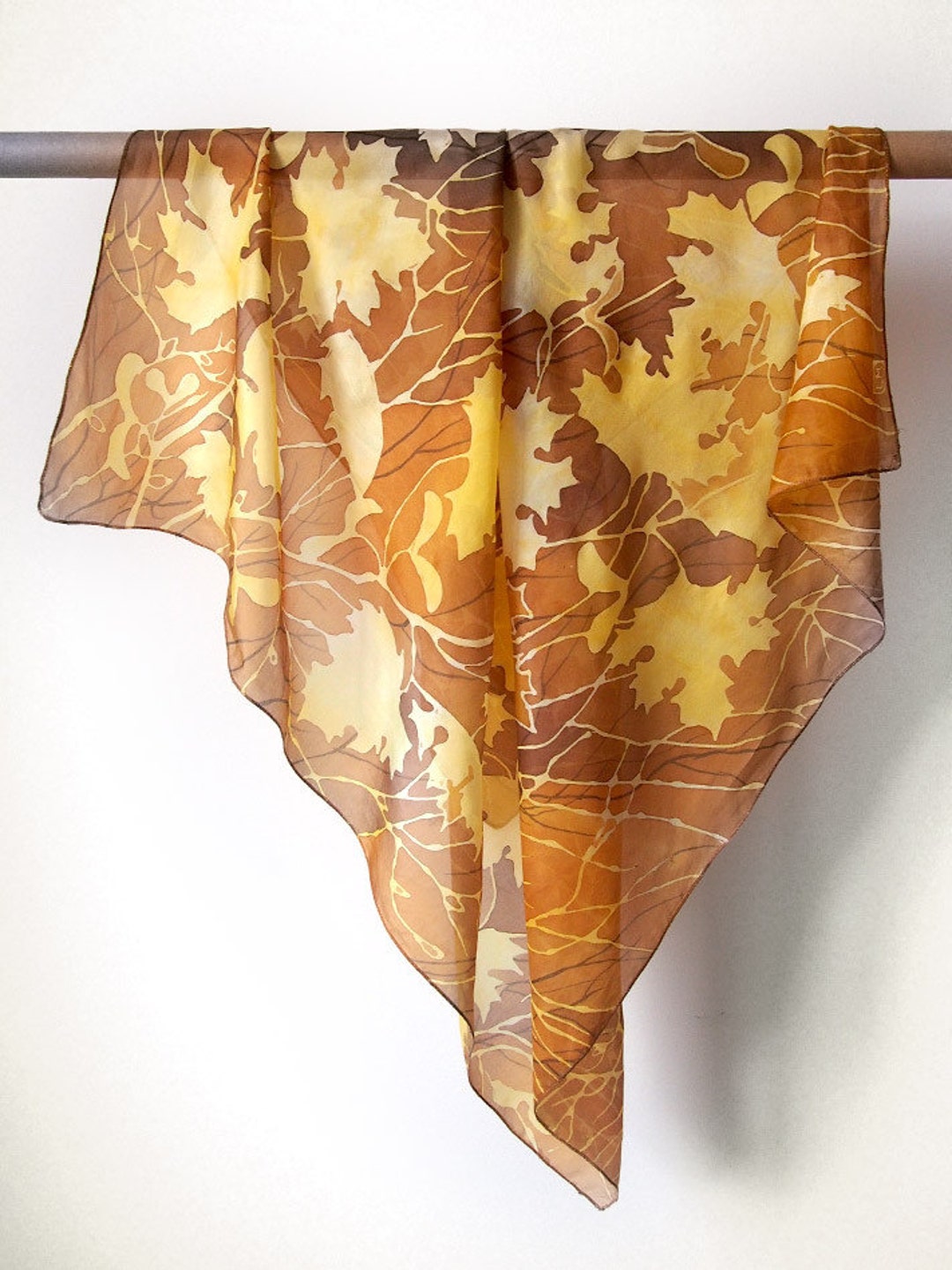 Big Scarf AUTUMN LEAVES, Square Scarves Hand Painted in Yellow, Brown ...