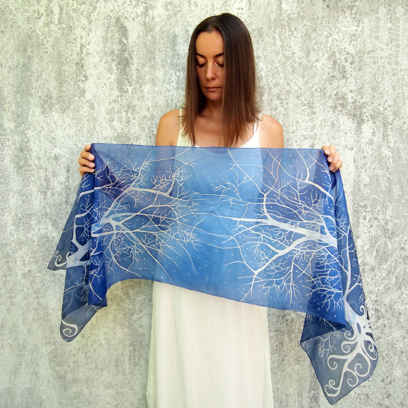Silk scarves White Tree long silk scarf fantasy scarf navy | Etsy
