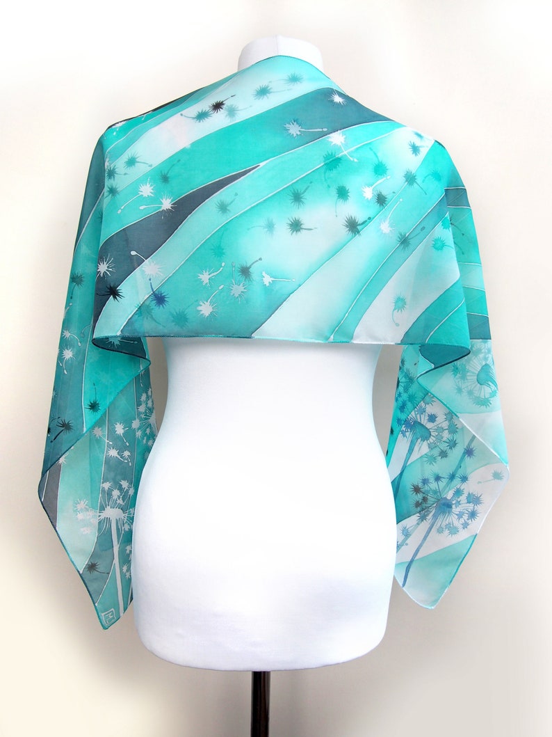 Turquoise Silk Scarf With Dandelions Hand Painted Scarves | Etsy