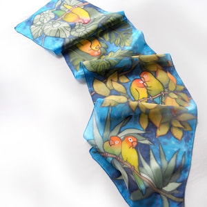 Lovebird Parrot Scarf, Hand Painted Silk Scarves With Tropical Birds ...