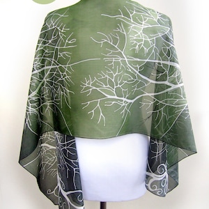 Long Silk Scarves White Tree in Green Scarf Hand Painted Hand Made ...