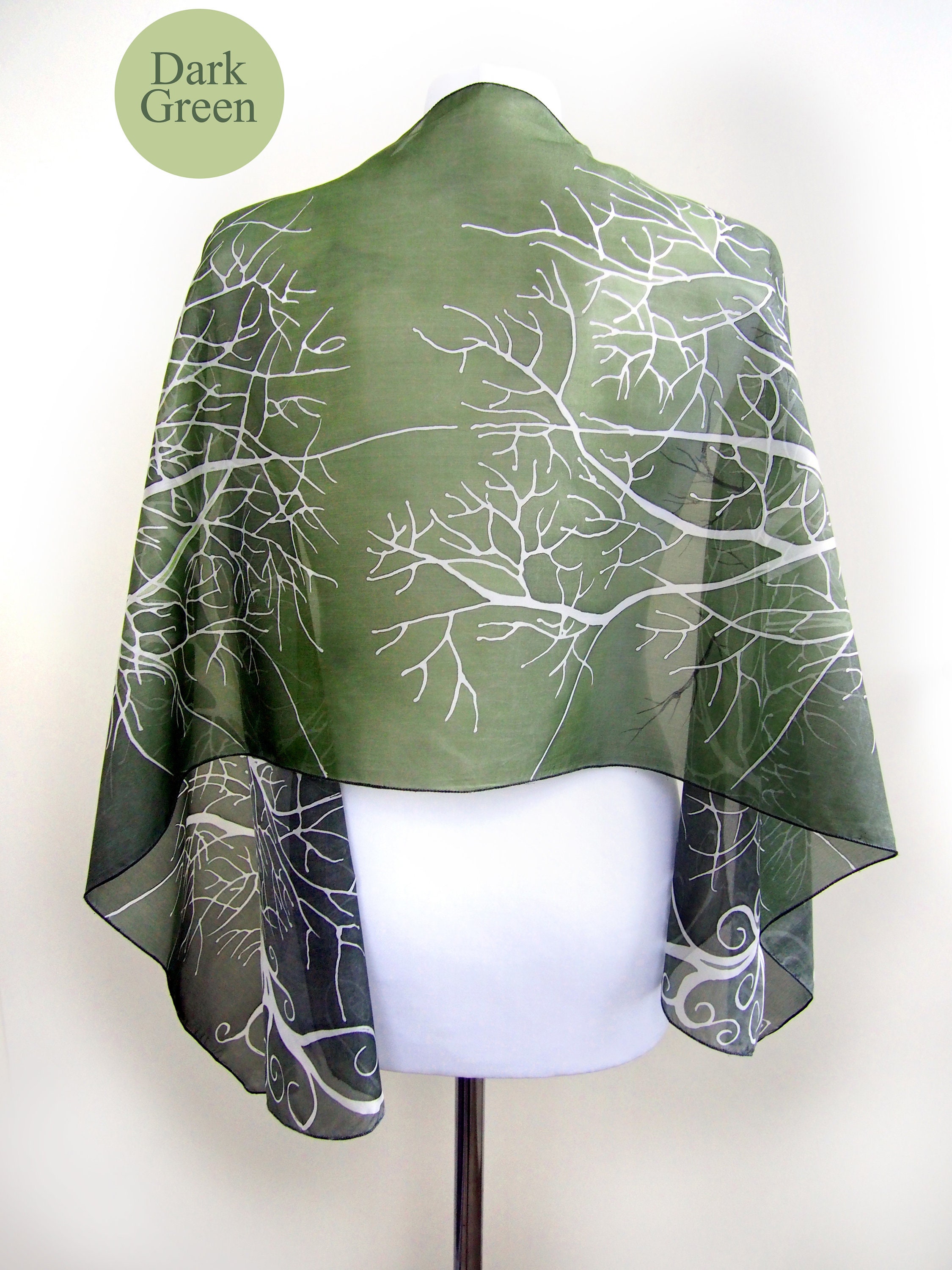 Long Silk Scarves White Tree in Green Scarf Hand Painted Hand Made ...