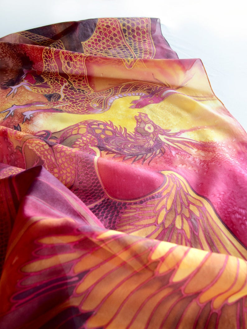 Red dragons silk scarf hand painted silk scarves fantasy | Etsy