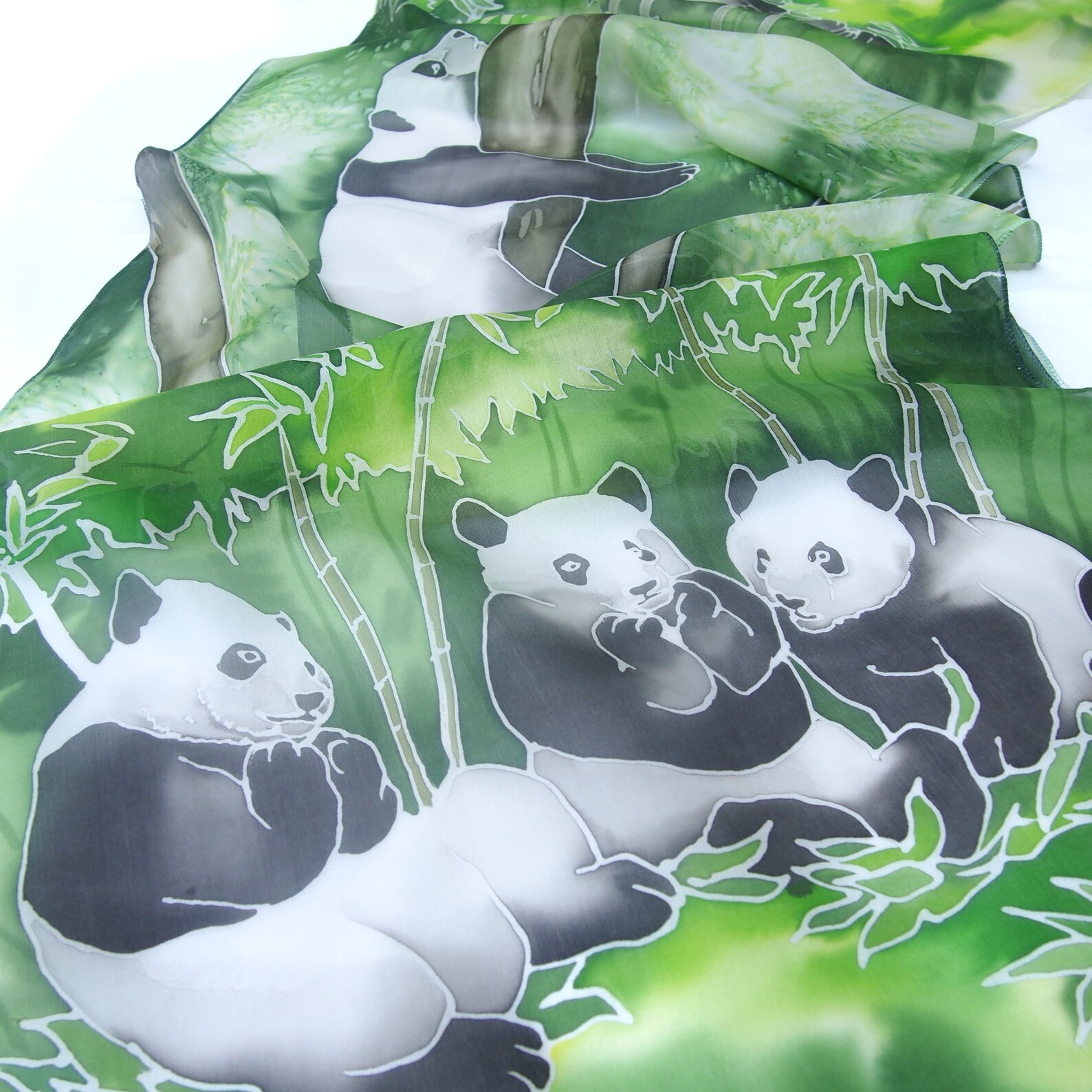 Panda Silk Scarf Green Silk Scarves Hand Painted With Black | Etsy
