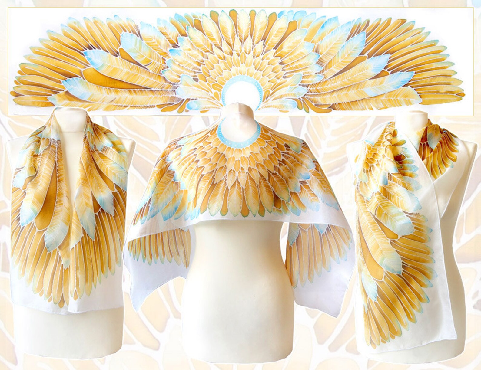 Silk scarf wings gold wings on white scarf feathers hand | Etsy