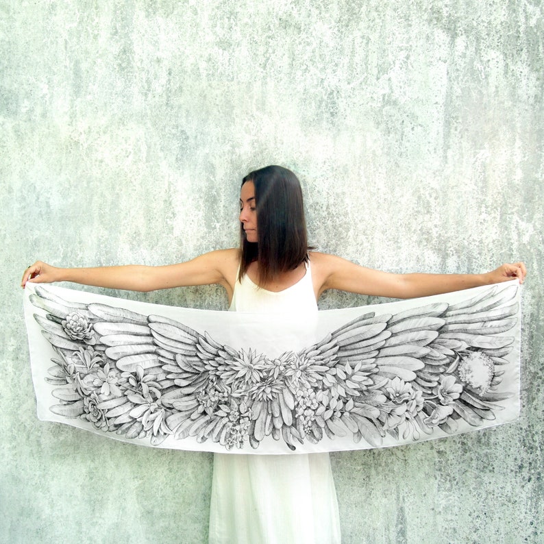 Silk Scarf Angel Wings Hand Painted in Black and White - Etsy