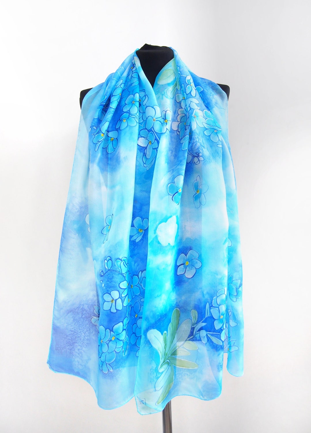 Blue Silk Scarf, Extra Large Hand Painted Scarves With Forget Me Not ...