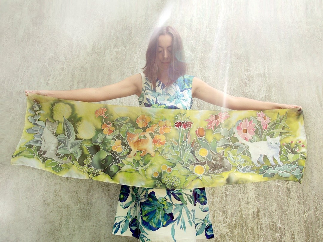 Cats Scarf, Hand Painted on Silk With Animals and Flowers. Personalized ...