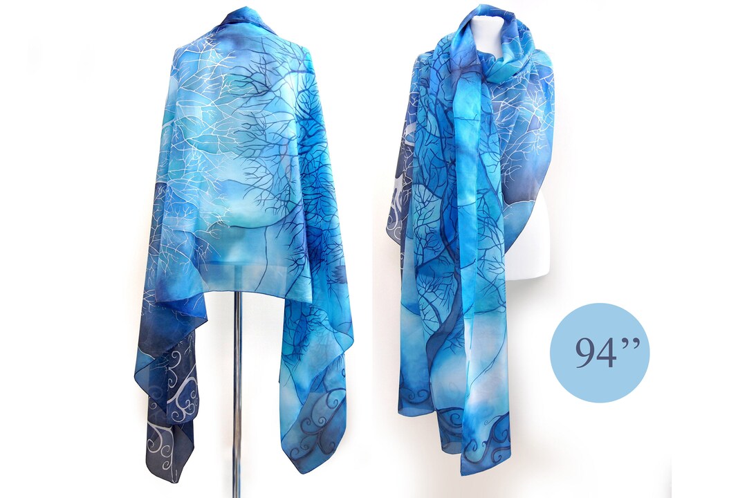 Big Blue Scarf, XL Scarves Hand Painted on Silk, Bathing Suit Wrap ...