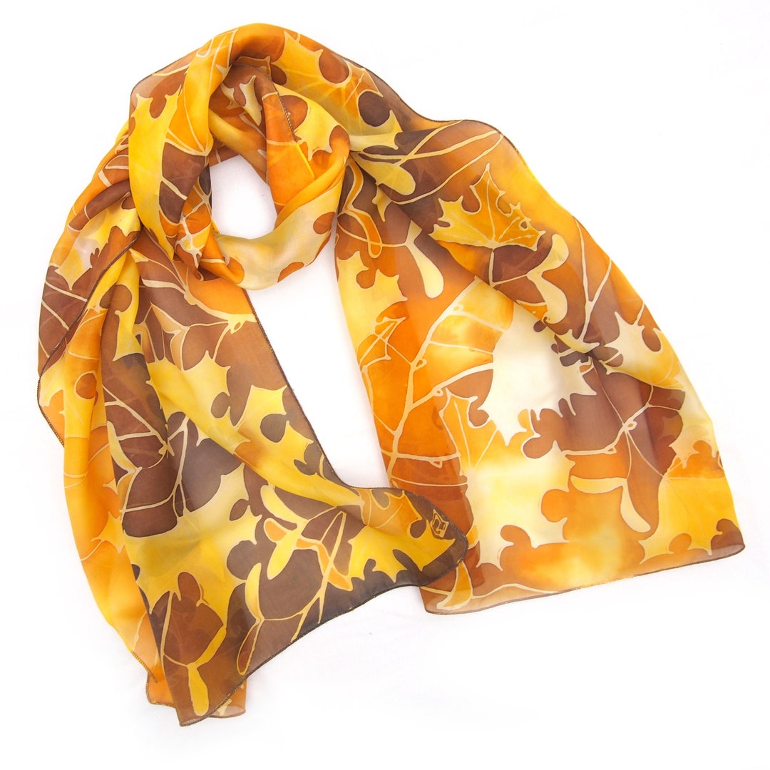 Brown Scarf for Autumn With Maple Leafs, Hand Painted on Silk Scarves ...