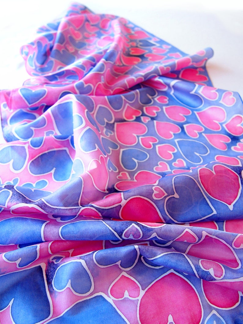 Heart Scarf Hand Painted on Silk Scarves Love Scarf Blue | Etsy