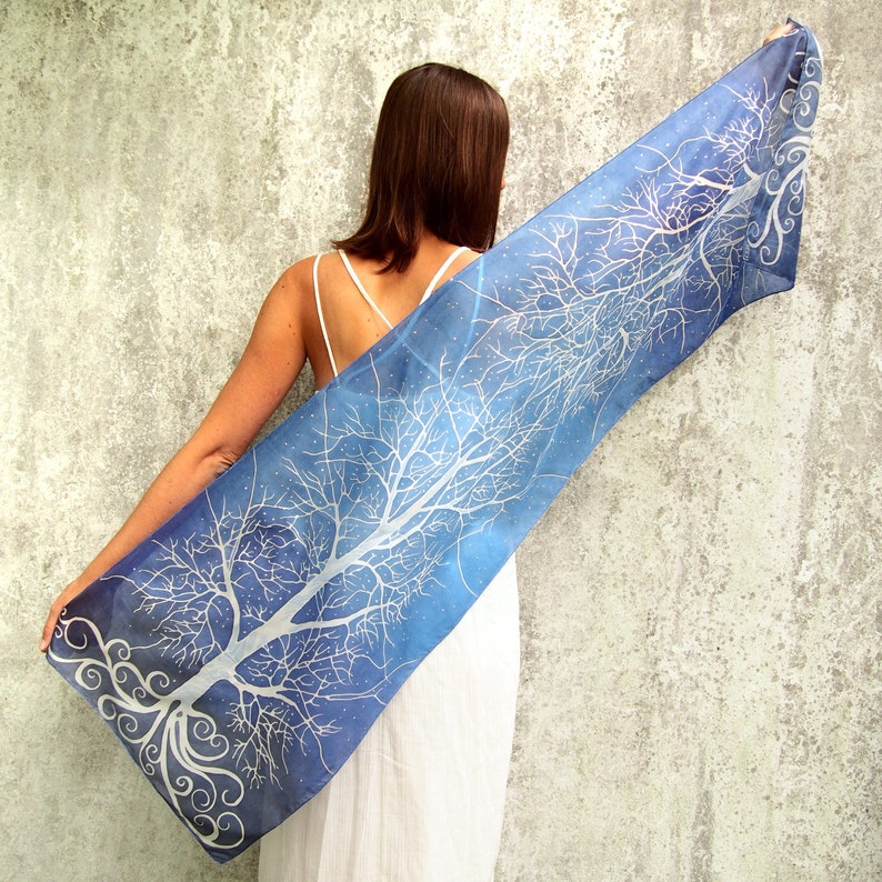Silk Scarves White Tree Long Silk Scarf Fantasy Scarf Navy - Etsy