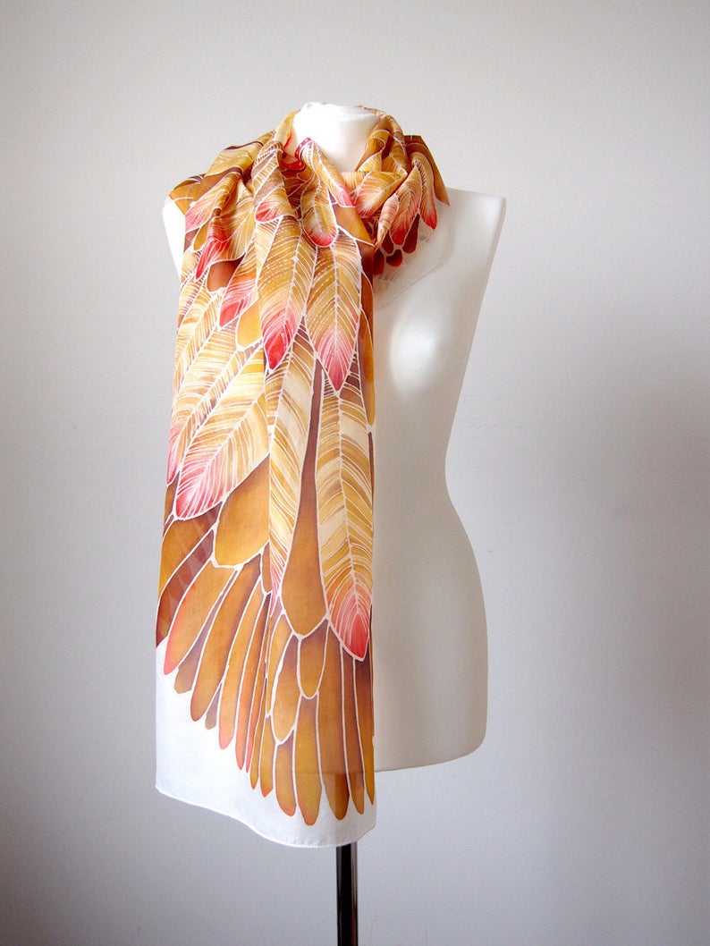 Gold Wings Scarf Big Silk Scarves Hand Painted Feathers | Etsy
