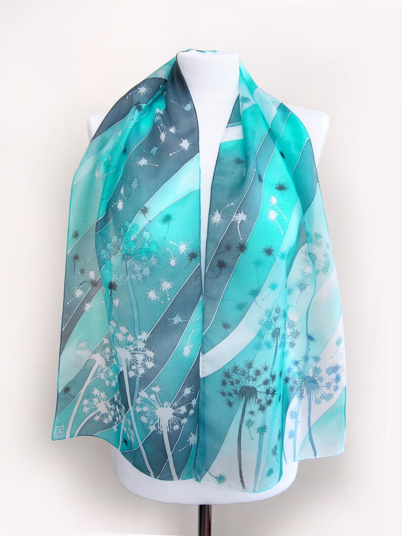 Turquoise Silk Scarf With Dandelions Hand Painted Scarves | Etsy
