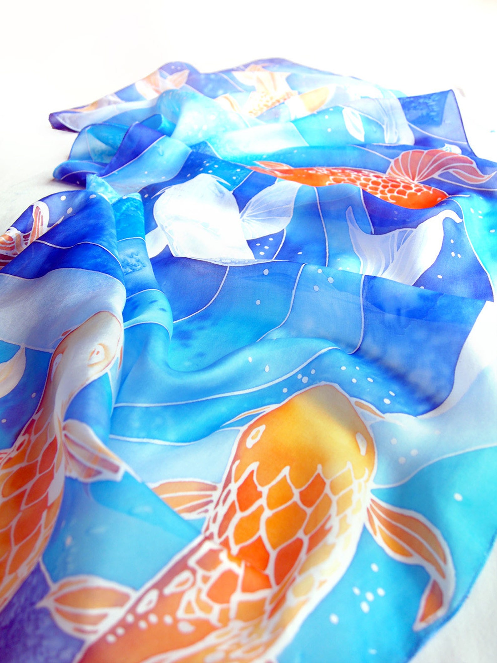 Blue Silk Scarf With Fish Hand Painted Koi Fish Lucky Charm - Etsy