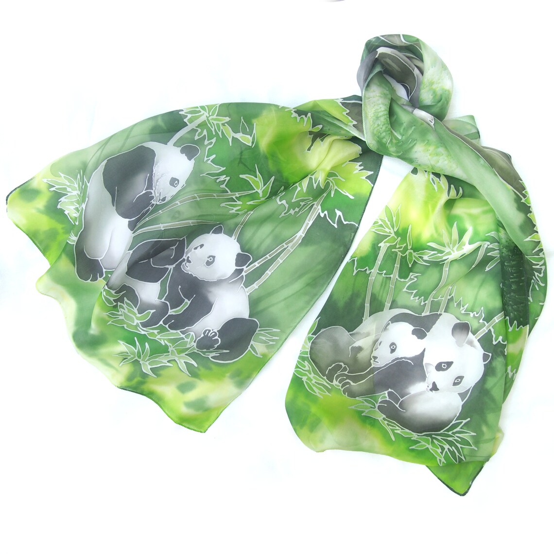 Panda Silk Scarf Green Silk Scarves Hand Painted With Black | Etsy