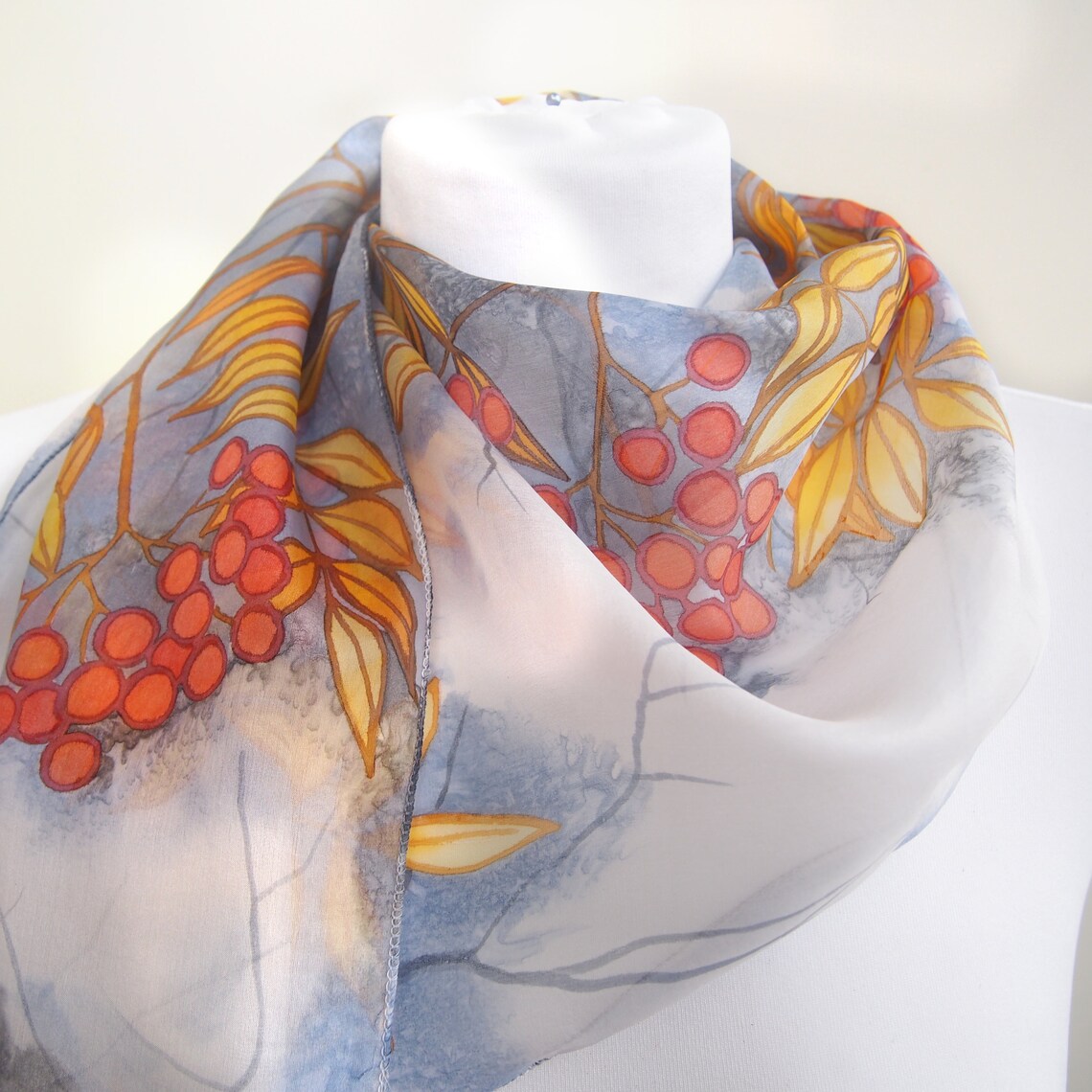 Mountain Ash Scarf Hand Painted Gray & White Silk Scarf With - Etsy