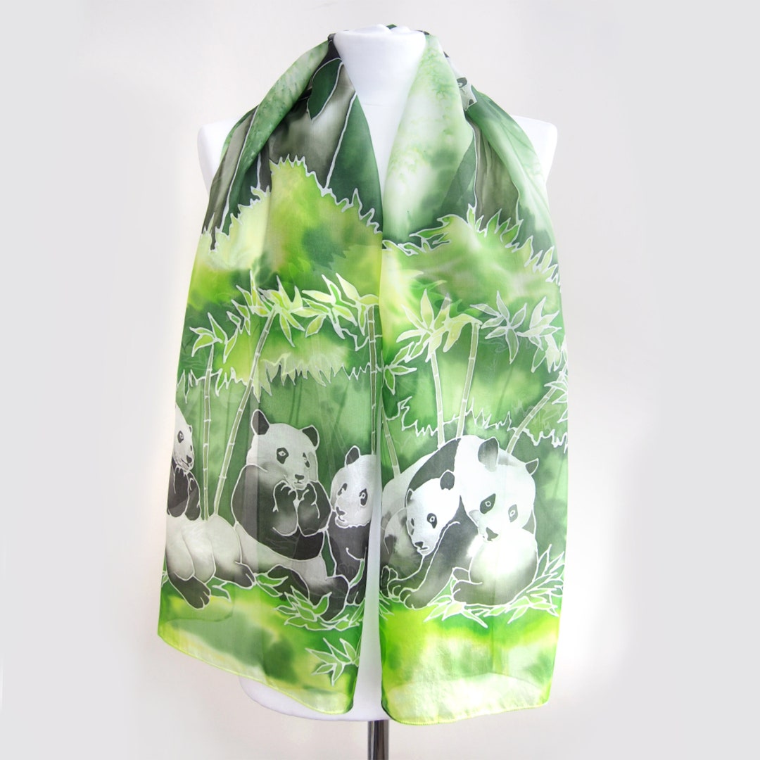 Panda Silk Scarf, Green Silk Scarves Hand Painted With Black and White ...
