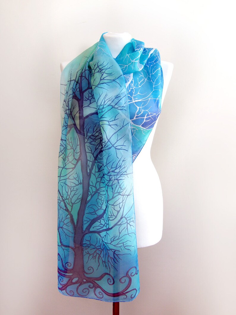 Mint Blue Silk Scarf Trees Scarf Hand Painted Silk - Etsy