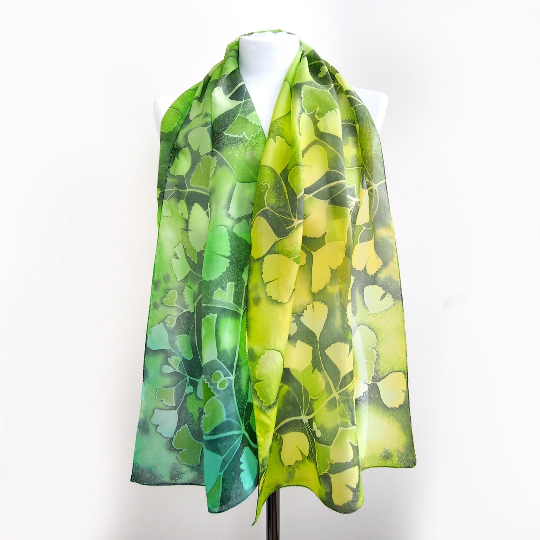 Ginko Silk Scarf, Hand Painted in Gradient Green Lime to Emerald, Leaf ...