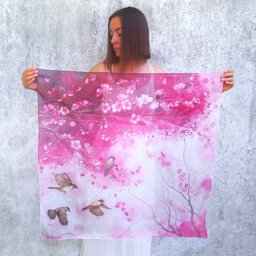 Square Silk Scarf Cherry Blossom & Sparrows - Japan Inspired Silk ...