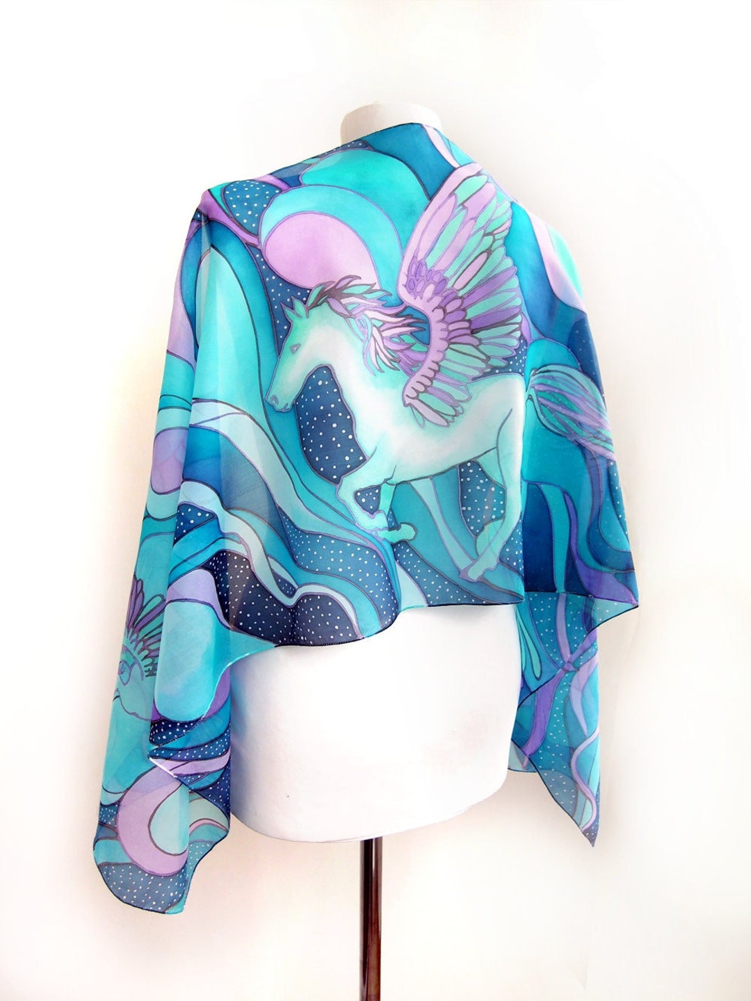 Pegasus Scarves, Hand Painted Silk Scarf Horse. Turquoise Foulard ...