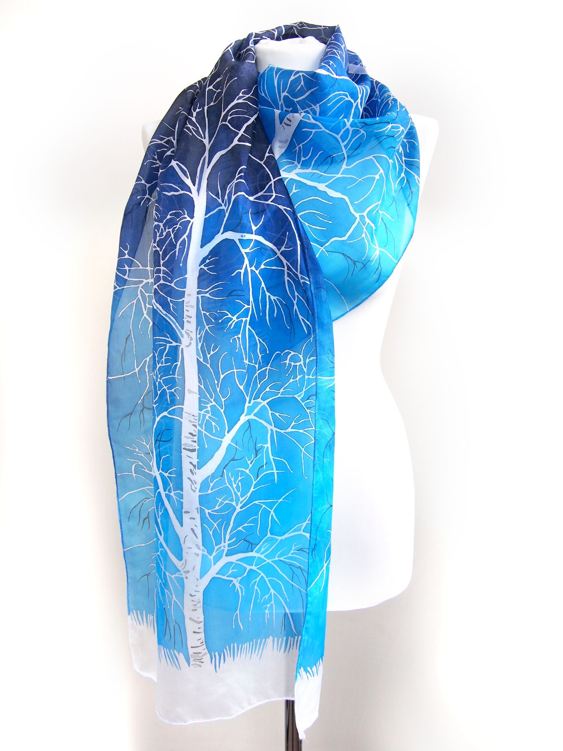 Unisex blue scarves with birch tree hand painted on natural | Etsy