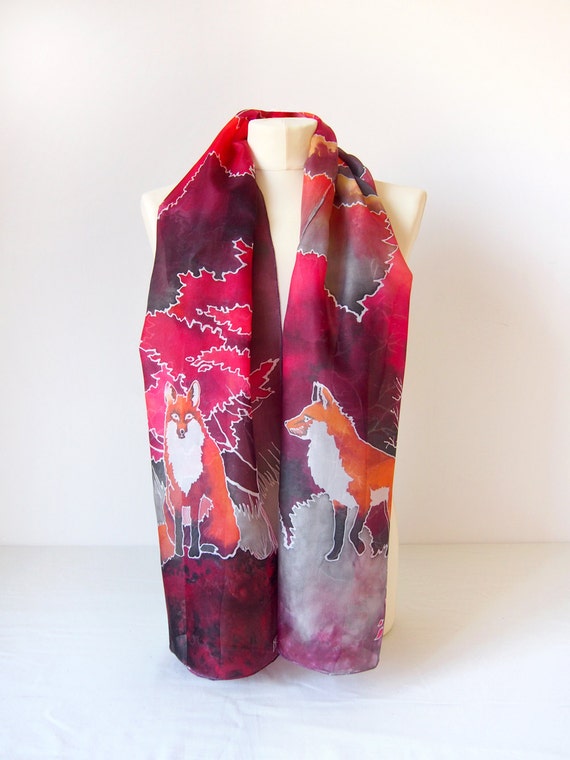 Silk scarf FOX hand painted scarves red scarf japan | Etsy