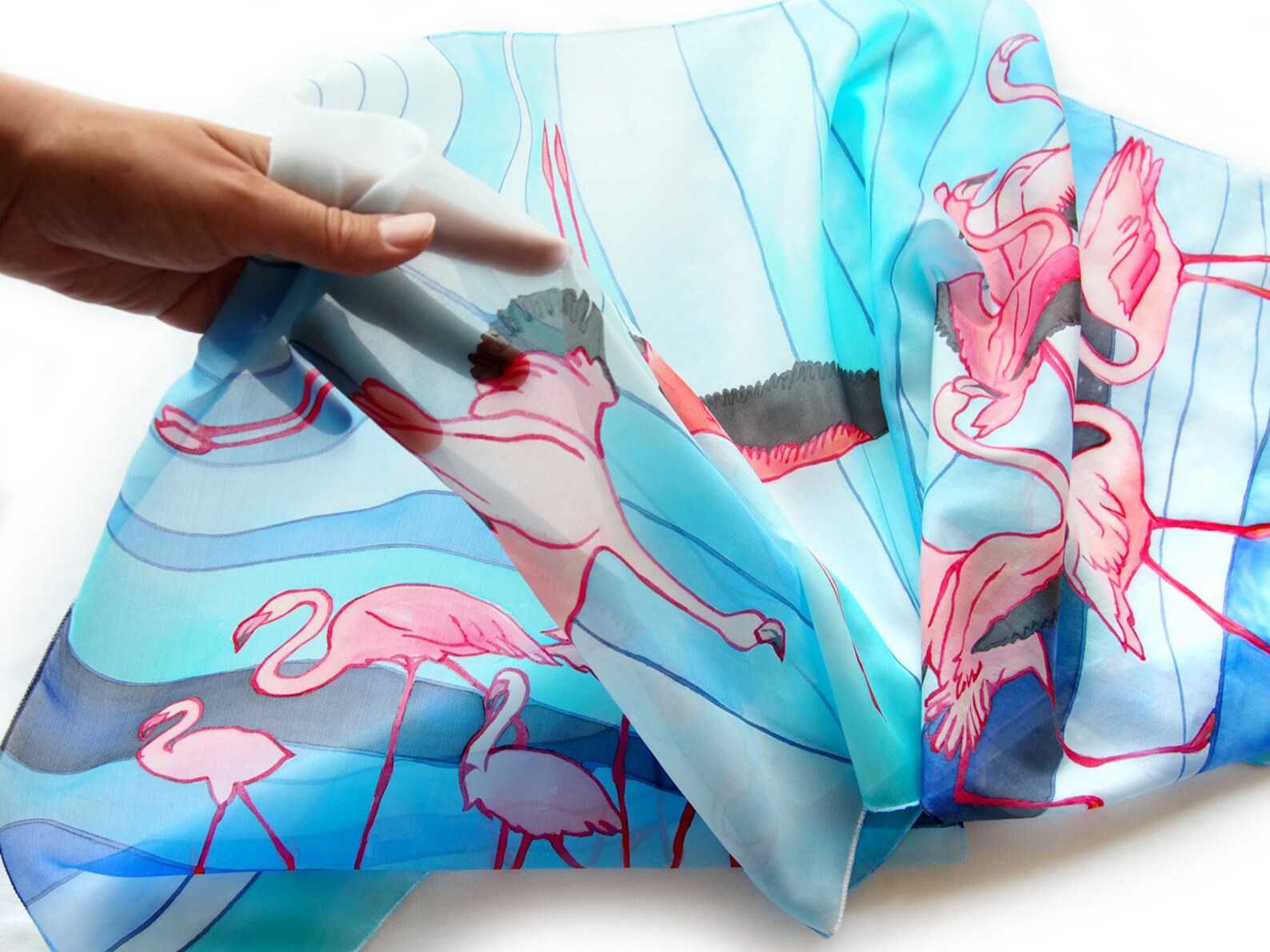Flamingo Scarf Pink Birds Hand Painted on Pure Silk Scarves in Blue ...