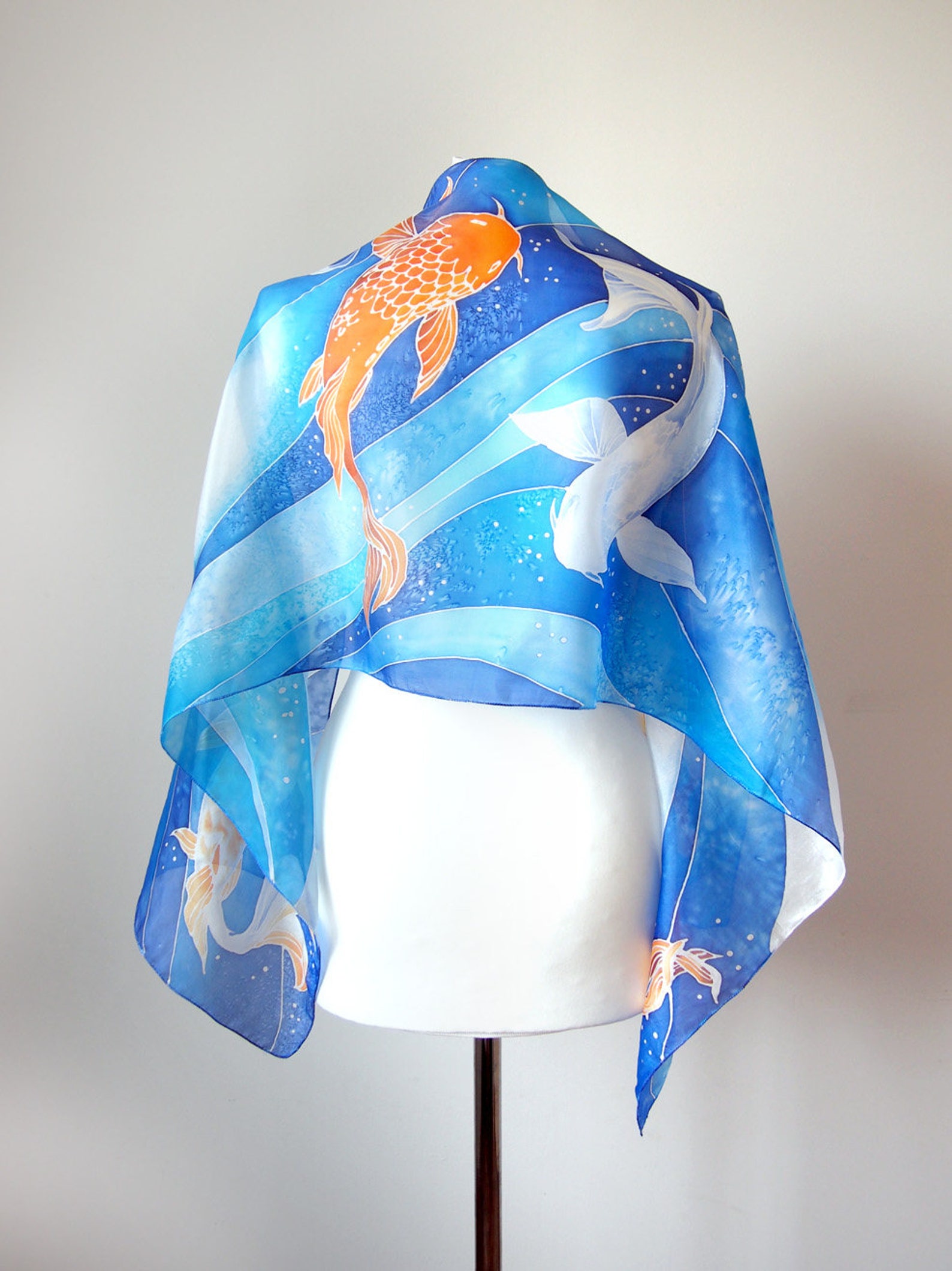Blue Silk Scarf With Fish Hand Painted Koi Fish Lucky Charm - Etsy