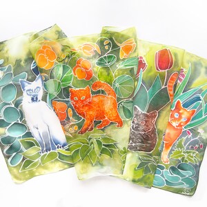 Cats Scarf, Hand Painted on Silk With Animals and Flowers. Personalized ...
