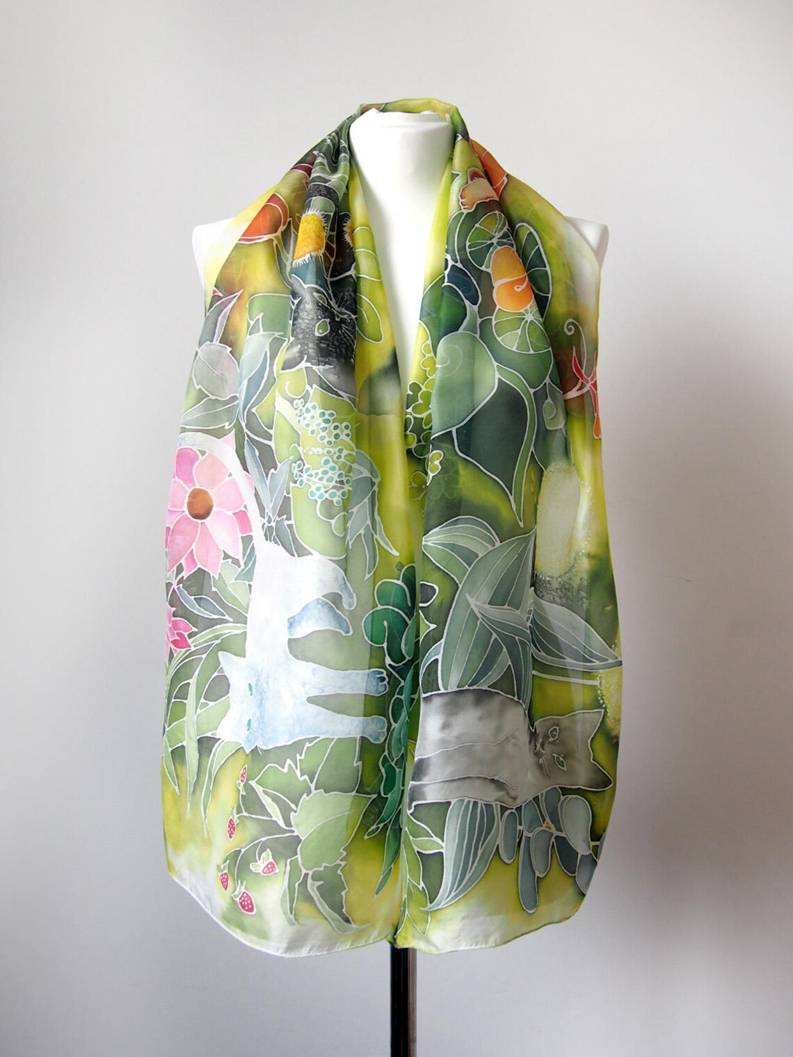 Cats Scarf Hand Painted on Silk With Animals and Flowers. | Etsy