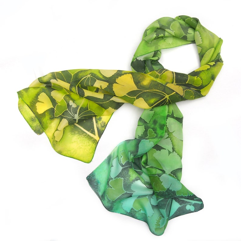 Ginko Silk Scarf Hand Painted in Gradient Green Lime to | Etsy
