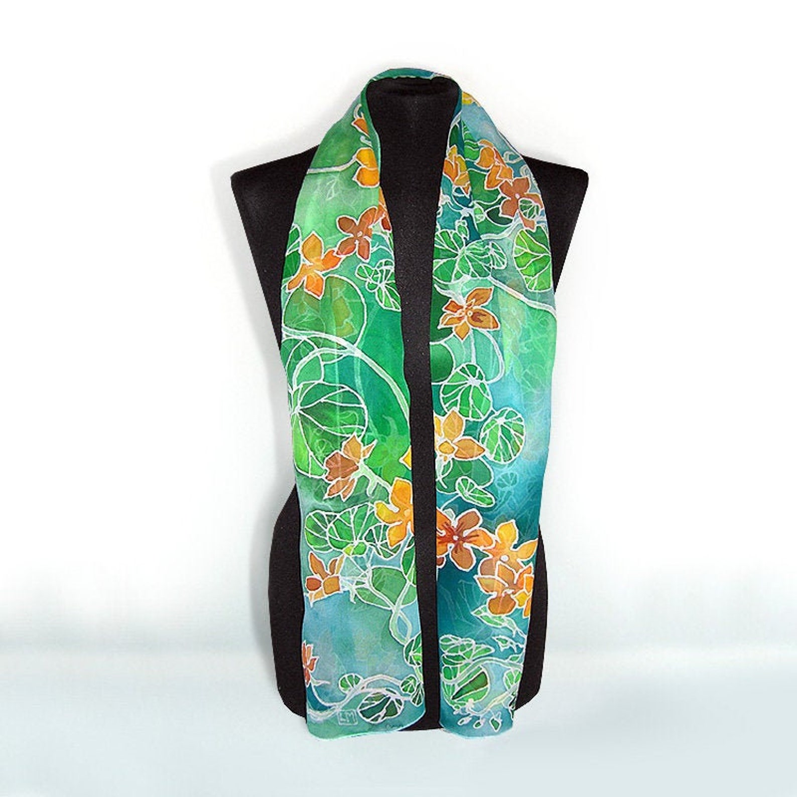 Long Silk Scarf Green Scarves Hand Painted With Nasturtium - Etsy