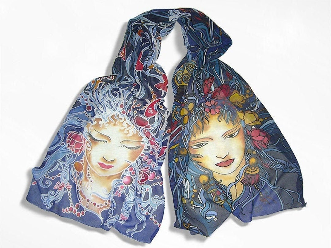 Silk Scarves, Hand Painted Designer Scarf Woman Face, Celestial Celtic ...