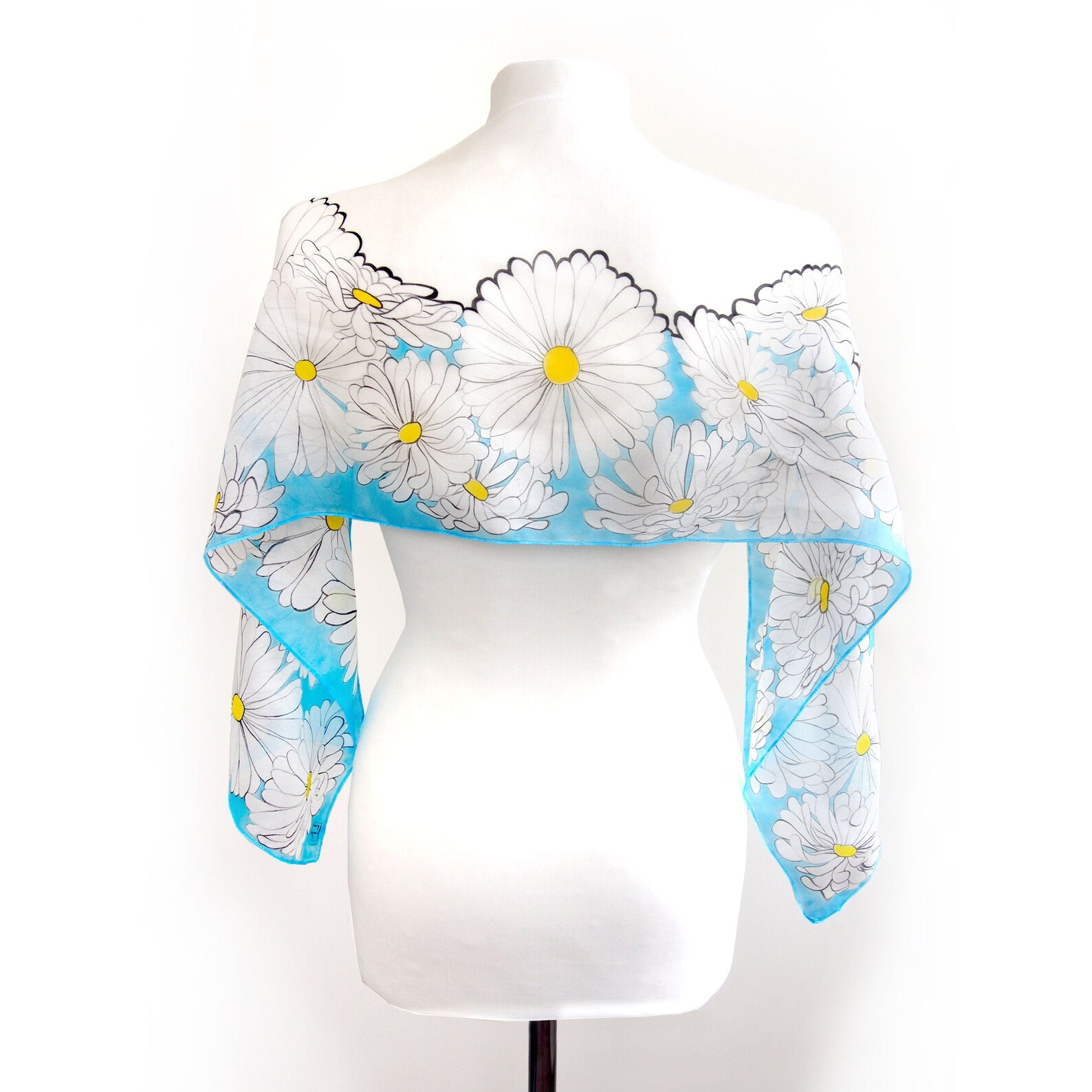 Daisy Silk Scarf Hand Painted on Pure Silk Slim Scarves in White and ...