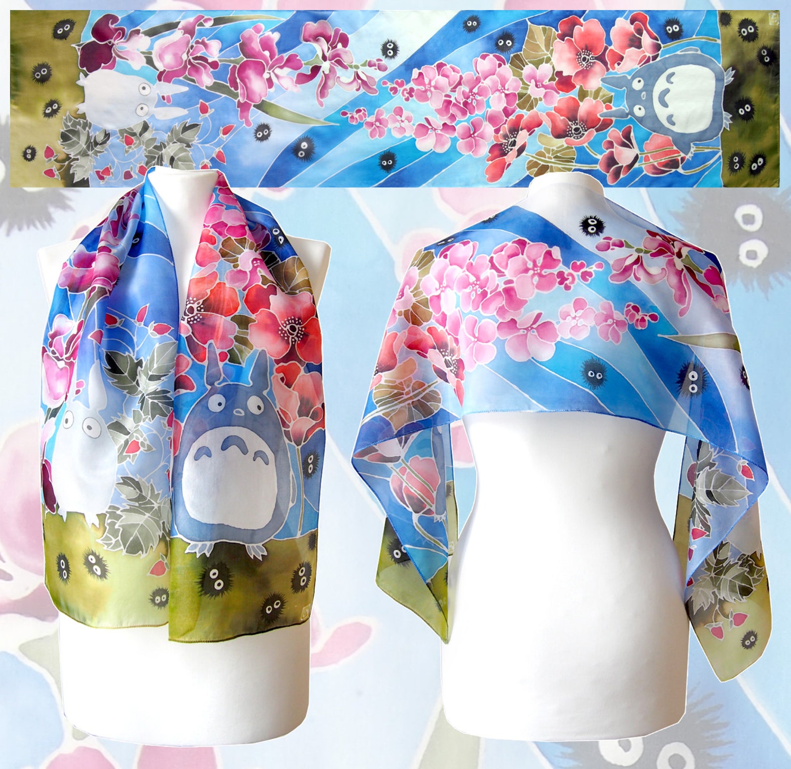 Totoro Silk Scarf, Hand Painted Scarves With My Neighbor Totoro and ...