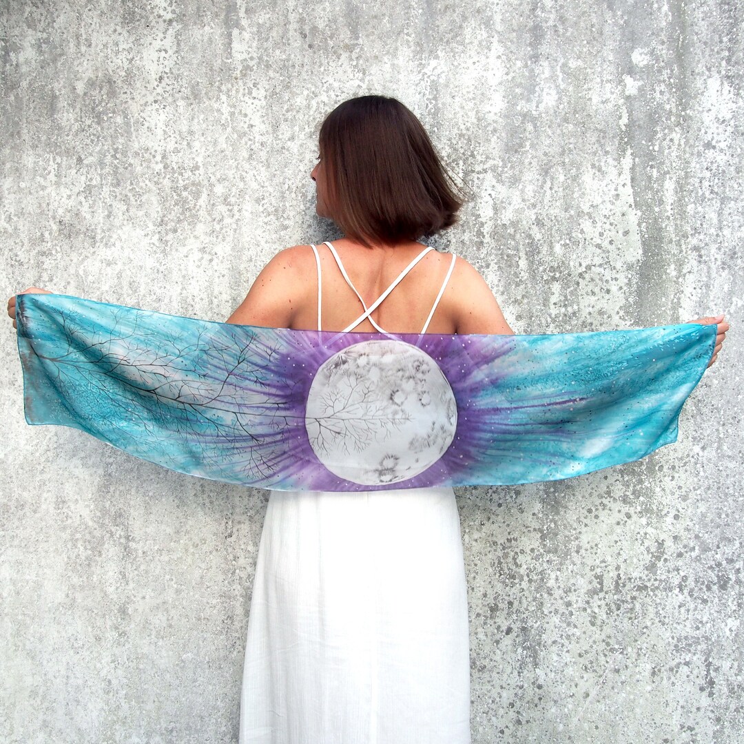 Full Moon Scarf, Hand Painted Silk Scarves in Turquoise & Purple, Night ...