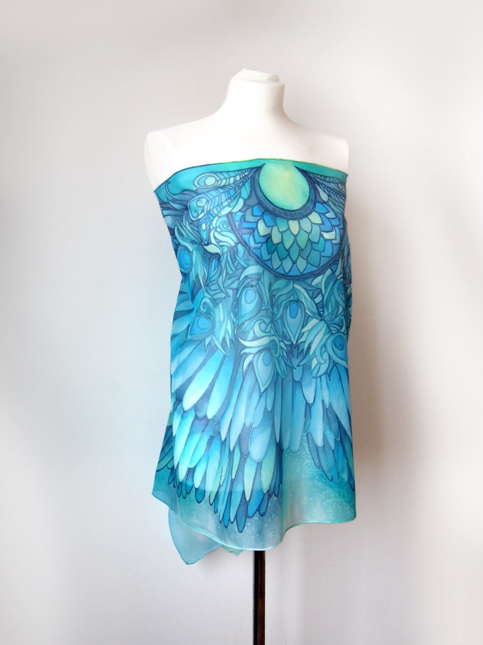 Ocean Blue Wings scarf turquoise silk scarves with feathers | Etsy