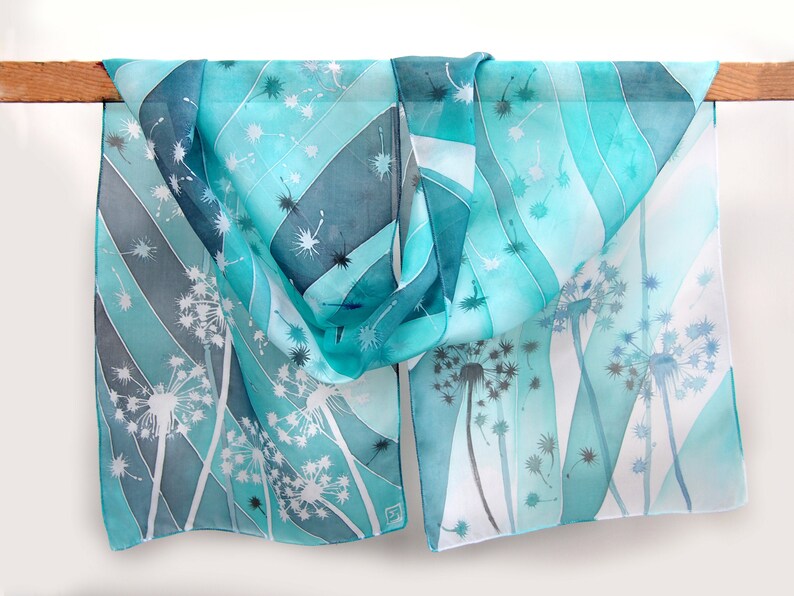 Turquoise Silk Scarf With Dandelions Hand Painted Scarves | Etsy