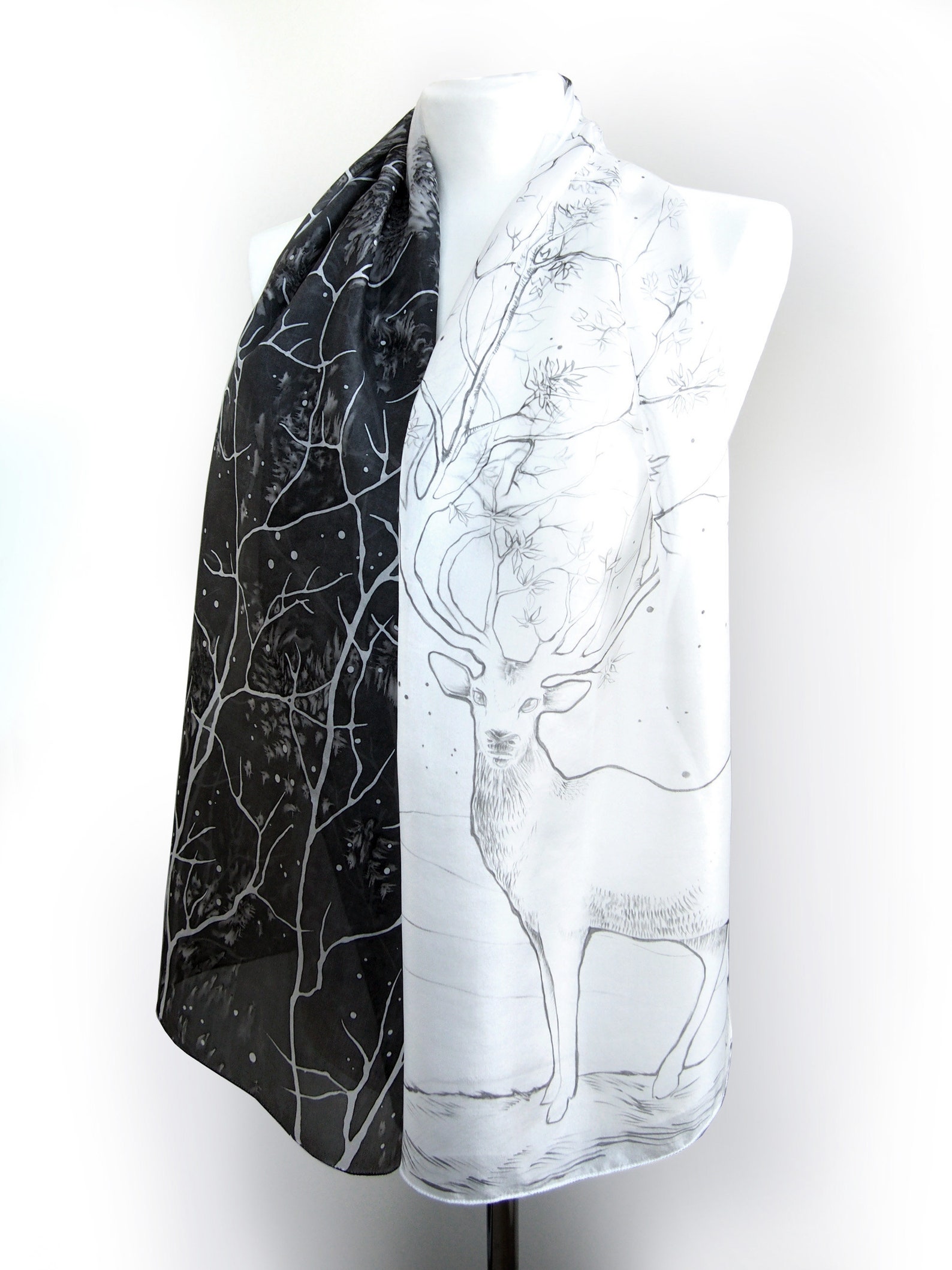 Black Moon Scarf Hand Painted on Silk With Deer Forest God | Etsy