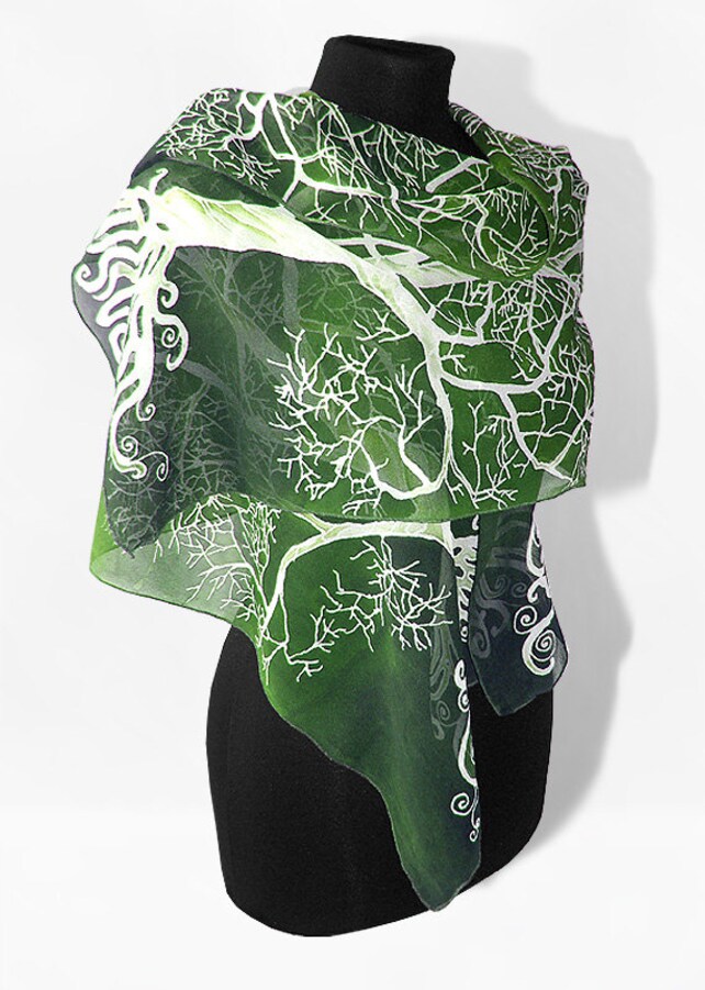 Long silk scarves White Tree in Green scarf hand painted hand | Etsy