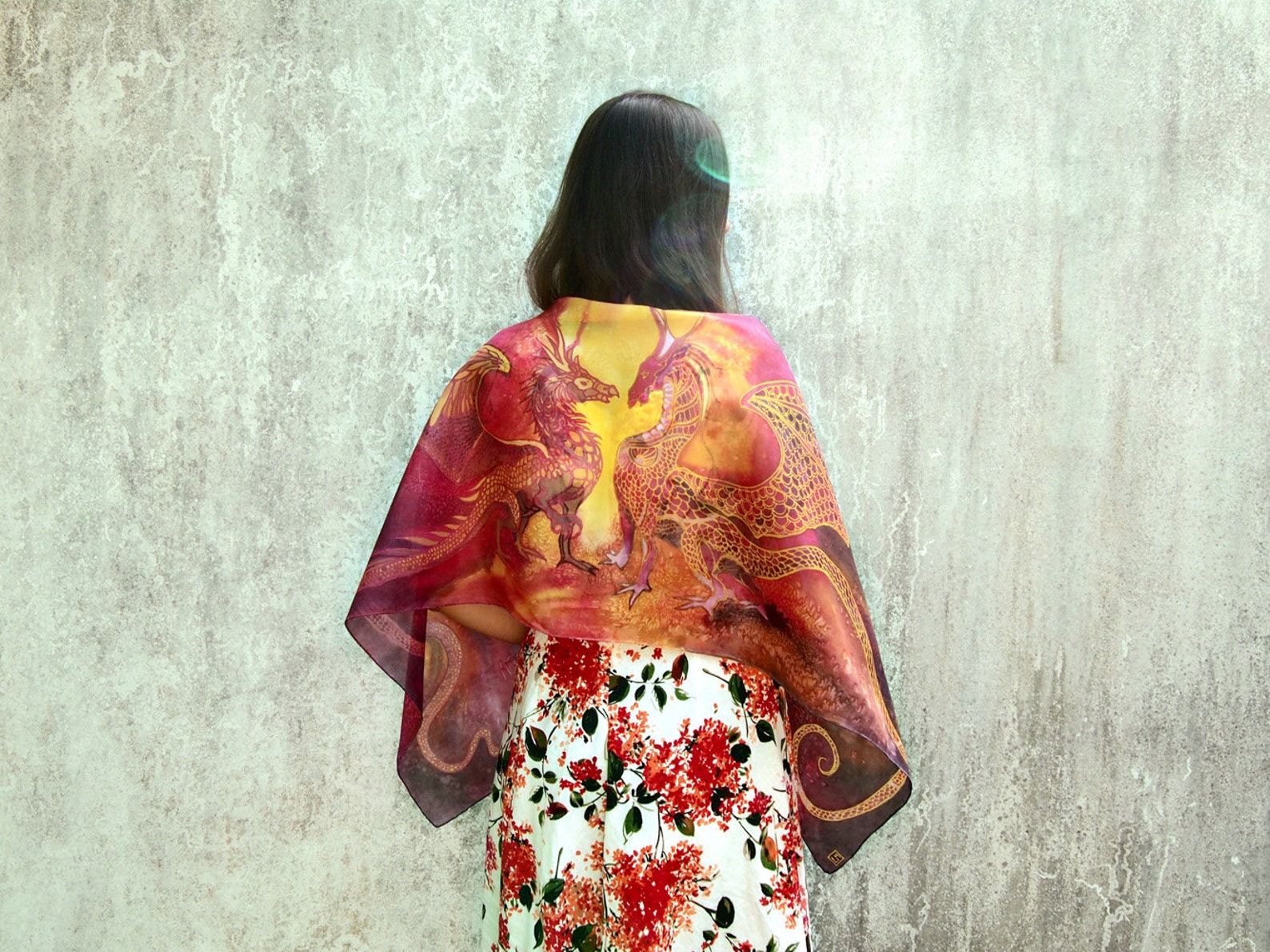 Red dragons silk scarf hand painted silk scarves fantasy | Etsy