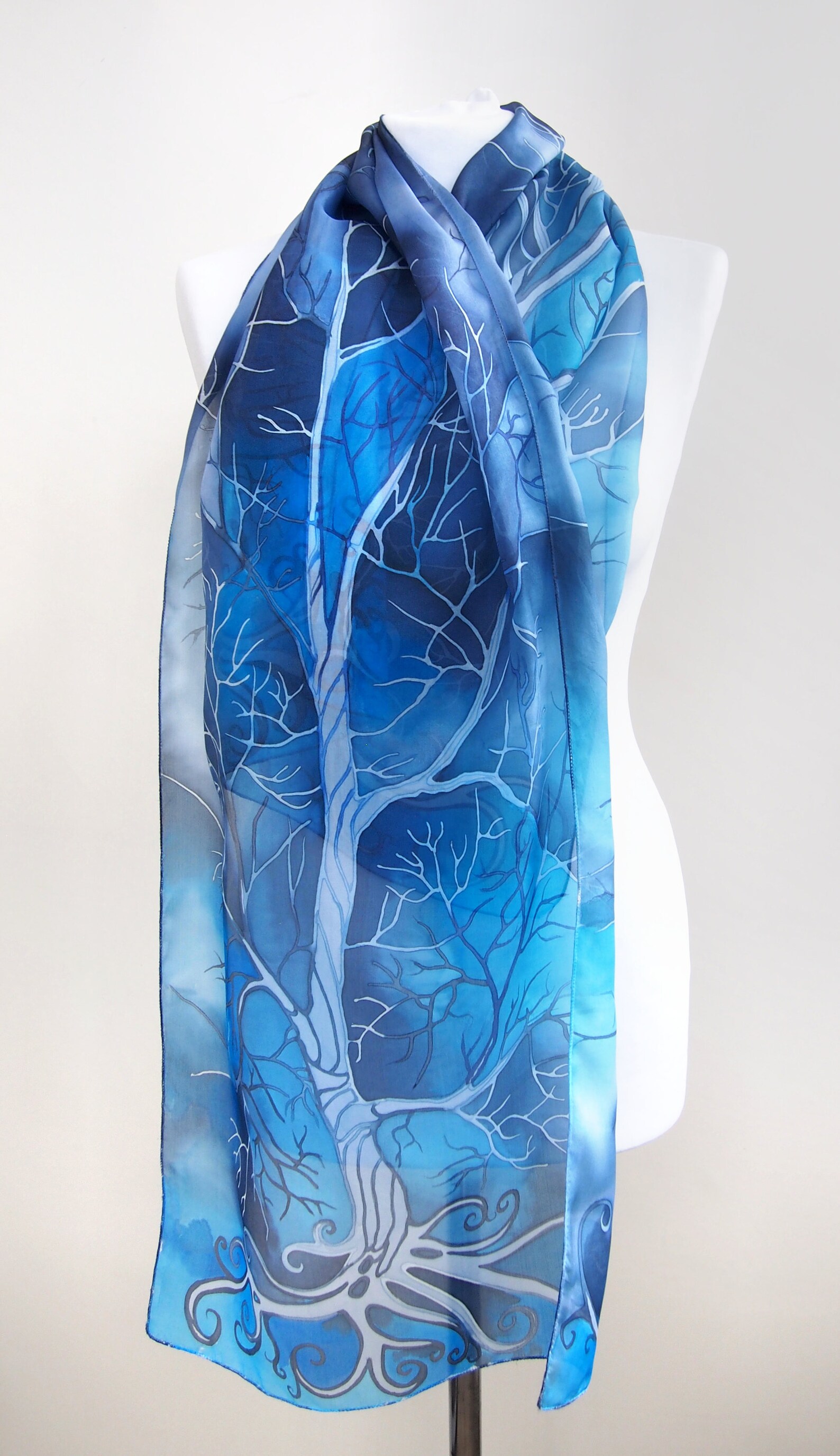 Ocean Blue Scarf Hand Painted Scarves With Tree Silk Scarf | Etsy