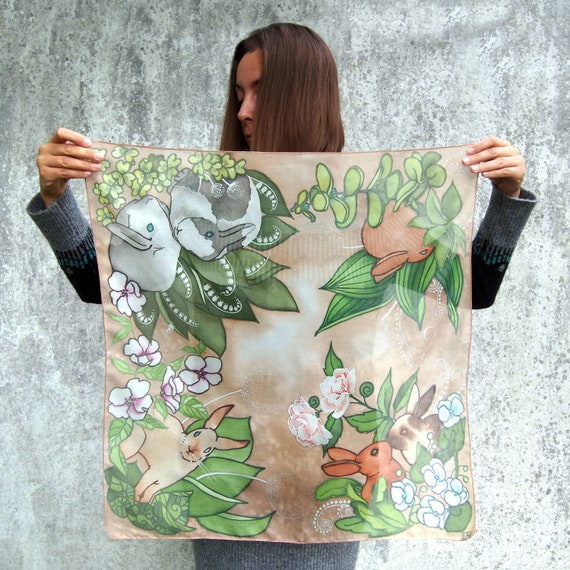 Bunny Silk Scarf Square Silk Scarves With Bunnies Rabbit | Etsy